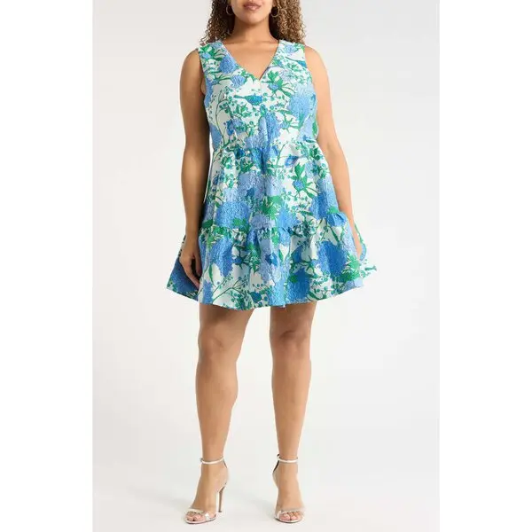 SUGARLIPS Floral Jacquard Tiered Mini Dress - Blue-whte