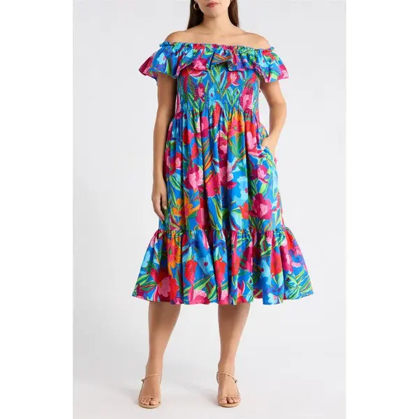 SUGARLIPS Naima Floral Off The Shoulder Smocked Midi Dress - Cobalt-pink-mul