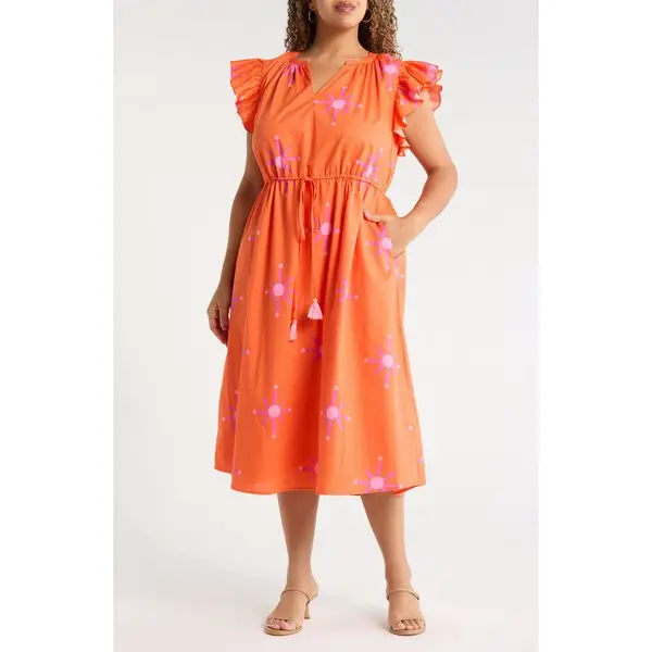 SUGARLIPS Karani Starburst Flutter Sleeve Tie Waist Midi Dress - Orange-fuchsia