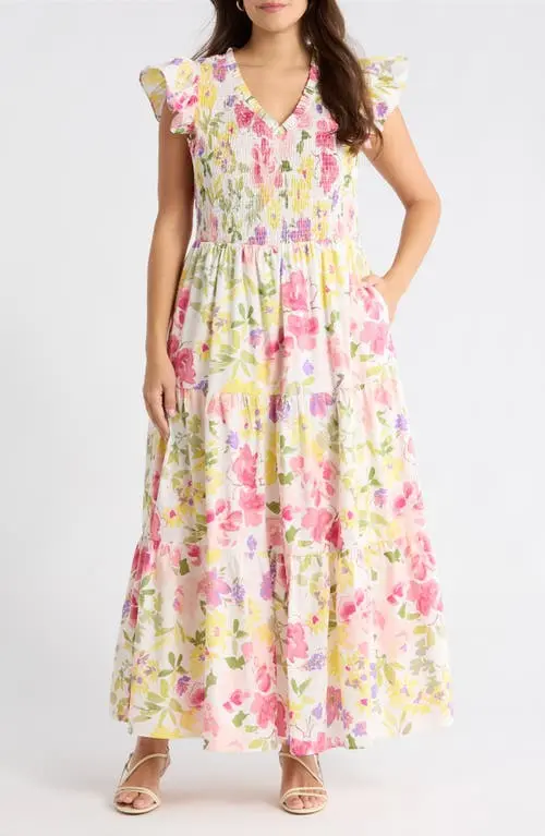 SUGARLIPS Leonie Floral Sunfire Tiered Midi Dress - Blush-yellow