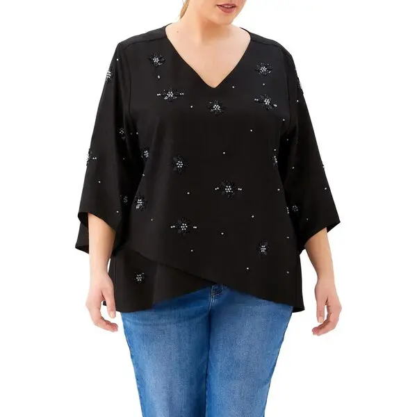 Karen Kane Embellished Asymmetric Hem Top - Black