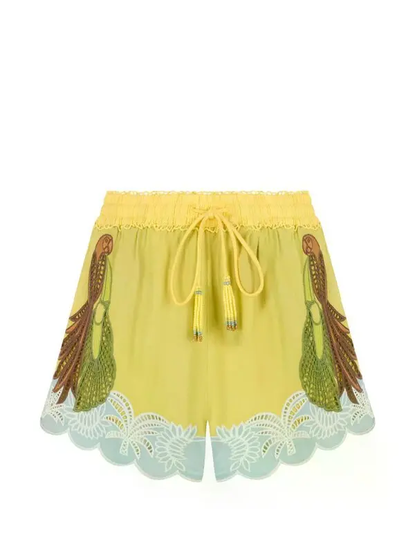 Farm Rio Embroidered Scalloped-hem Mini Shorts - Yellow