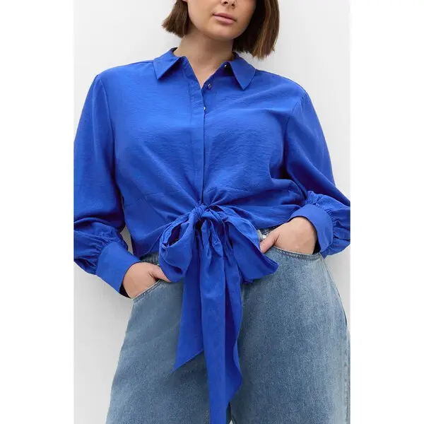 City Chic Elena Tie Waist Button-up Shirt - Cerulean