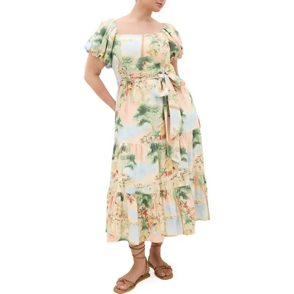 City Chic Laurena Floral Puff Sleeve Tie Belt Sundress - Sardinia