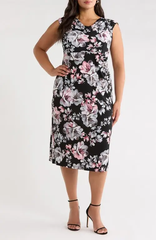 CONNECTED APPAREL Floral Cowl Neck Midi Dress - Black