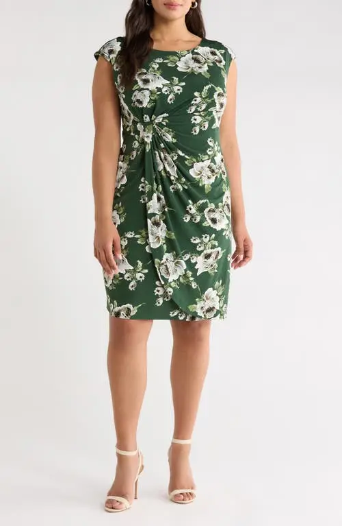 CONNECTED APPAREL Floral Cap Sleeve Faux Wrap Midi Dress - Moss