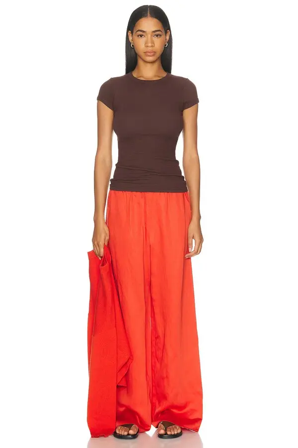 Enza Costa Textured Rib Cap Sleeve Crewneck Tee - Chocolate