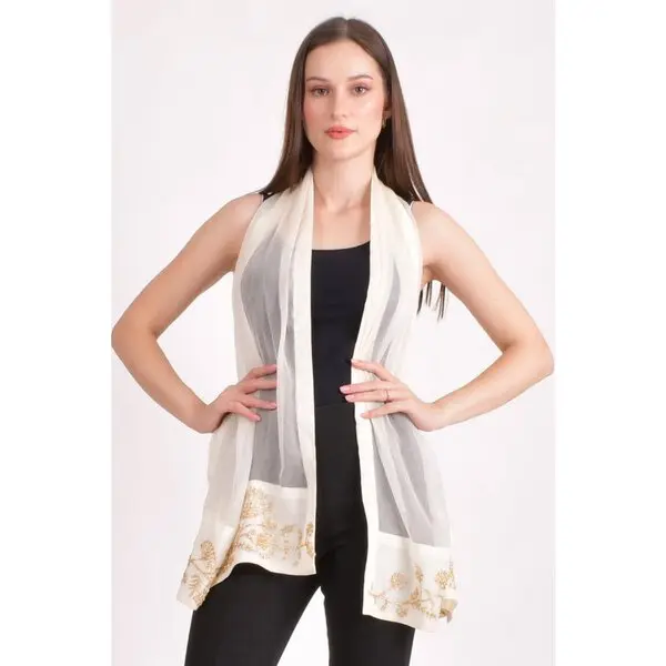 RAAS Chiffon Floral Hand-embroidered Scarf - White