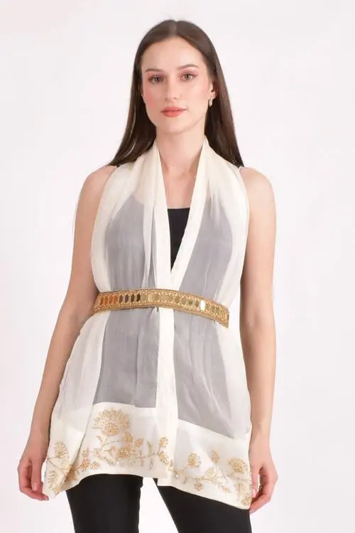 RAAS Chiffon Floral Hand-embroidered Scarf
