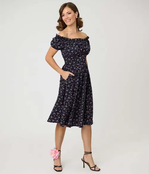 Unique Vintage 1950s Off The Shoulder Ruffle Swing Dress - Black W/purple Floral Print