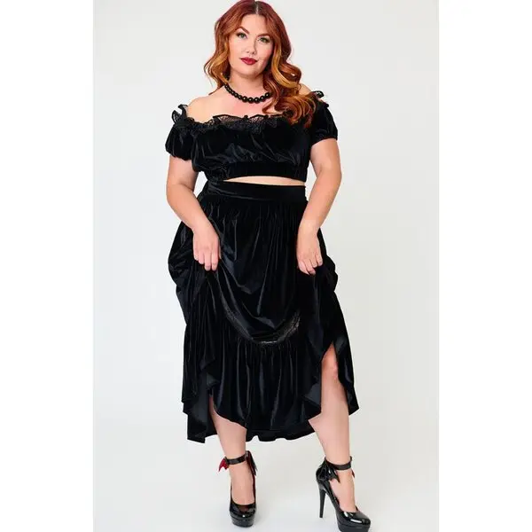 Unique Vintage Tiered Midi Skirt With Floral Print - Black Solid