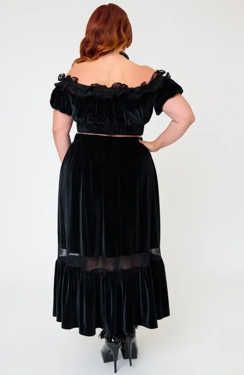 Unique Vintage Tiered Midi Skirt With Floral Print - Black Solid