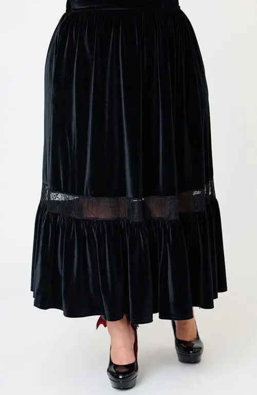 Unique Vintage Tiered Midi Skirt With Floral Print - Black Solid