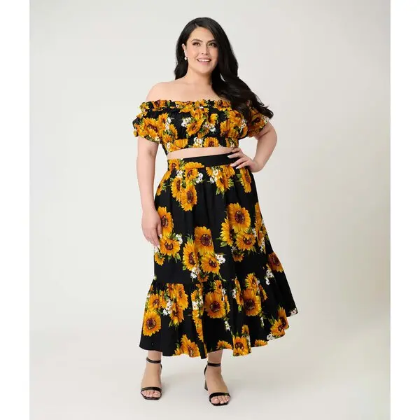 Unique Vintage 1950s Tiered Midi Skirt - Black Sunflower Print