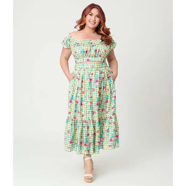 Unique Vintage 1950s Tiered Midi Skirt - Green Gingham Print