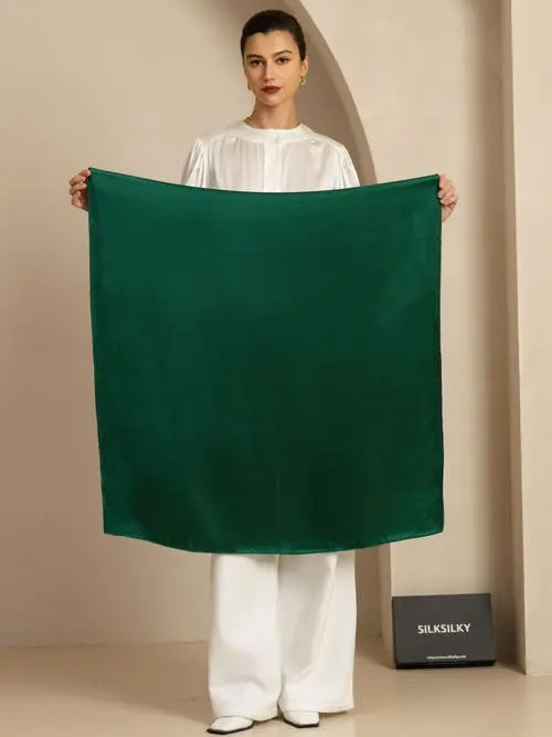 SILKSILKY Pure Silk Classic Elegant Square Scarf - Darkgreen