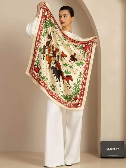 SILKSILKY Pure Silk Horse Herd Square Scarf - Yellow