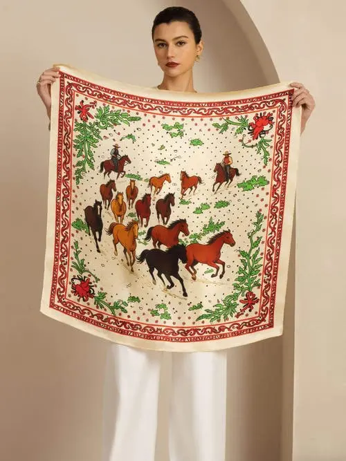 SILKSILKY Pure Silk Horse Herd Square Scarf - Yellow
