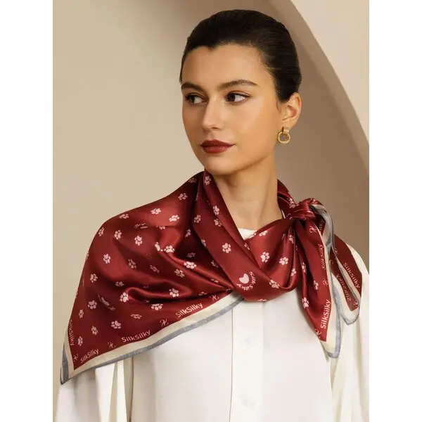 SILKSILKY Pure Silk Paw Print Square Scarf - Wine