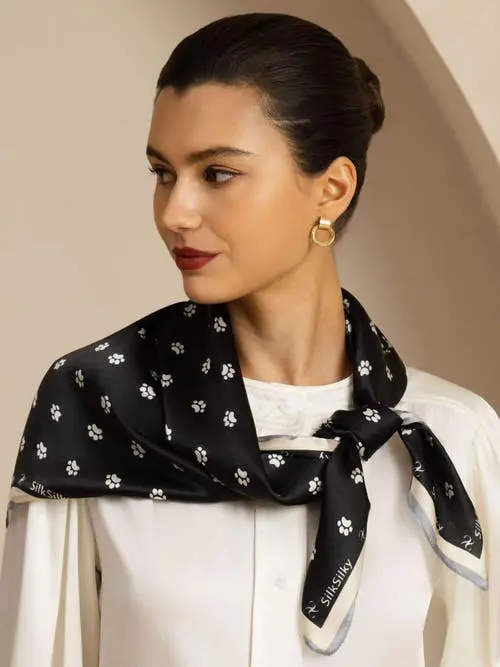 SILKSILKY Pure Silk Paw Print Square Scarf - Black