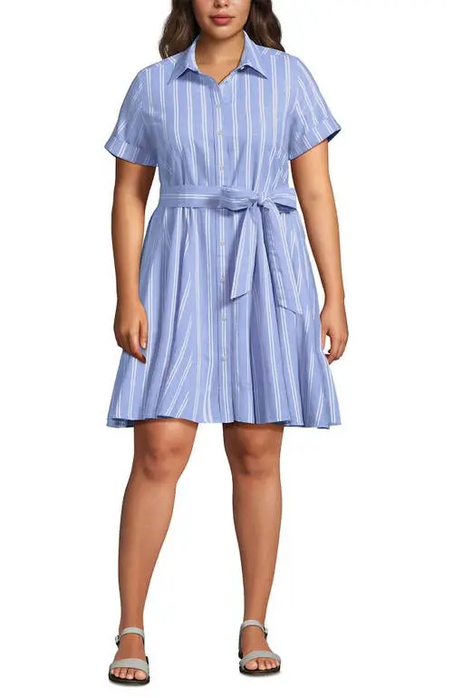 LANDS' END Linen Blend Button Front Dress With Godets - Clear Blue Sky Double Stripe