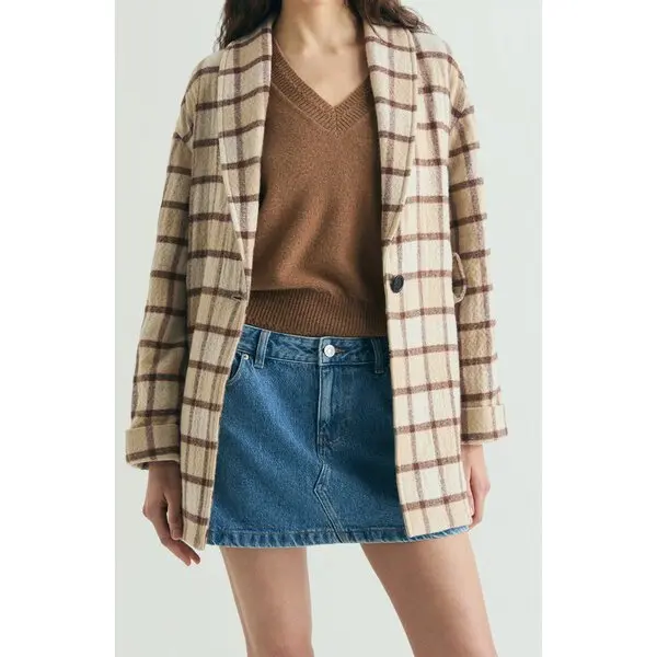 SCALPERS Plaid Belted Wool Blend Coat - Ecrucheck