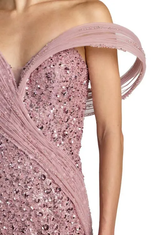Mac Duggal Embellished Sequined Evening Gown With Thigh-high Slit