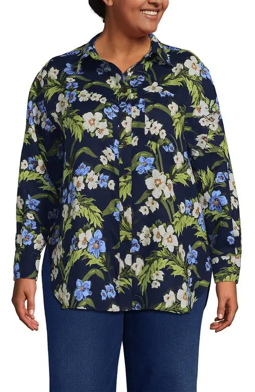 LANDS' END Linen Oversized Button Front Shirt - Deep Sea/blue Floral Tropic