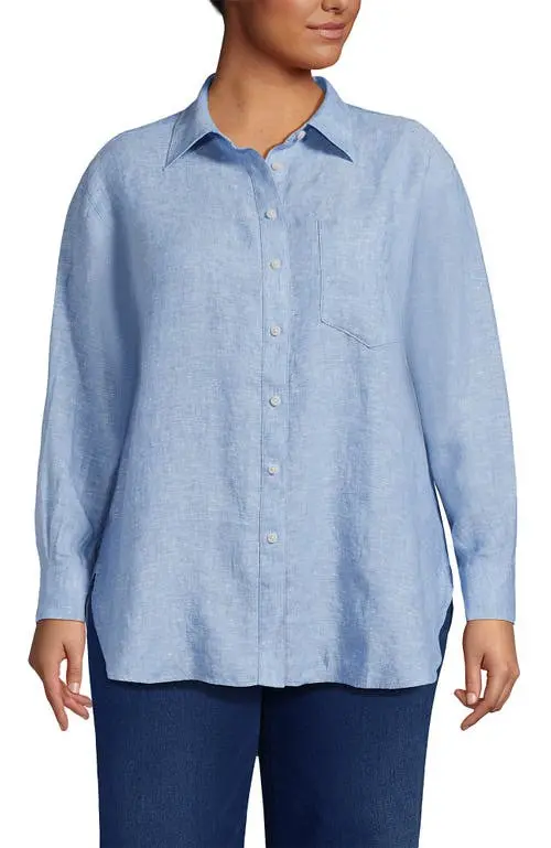 LANDS' END Linen Oversized Button Front Shirt - Soft Blue Linen