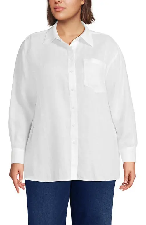 LANDS' END Linen Oversized Button Front Shirt - White