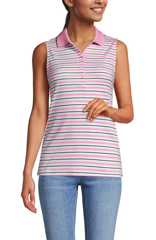 LANDS' END Supima Cotton Polo - White/seaside Pink Stripe