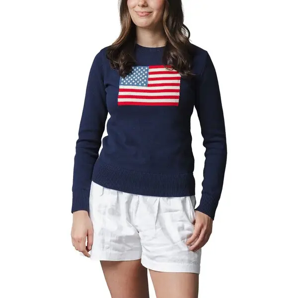 HOPE & HENRY Organic Cotton Flag Crew Neck Pullover - Navy Flag