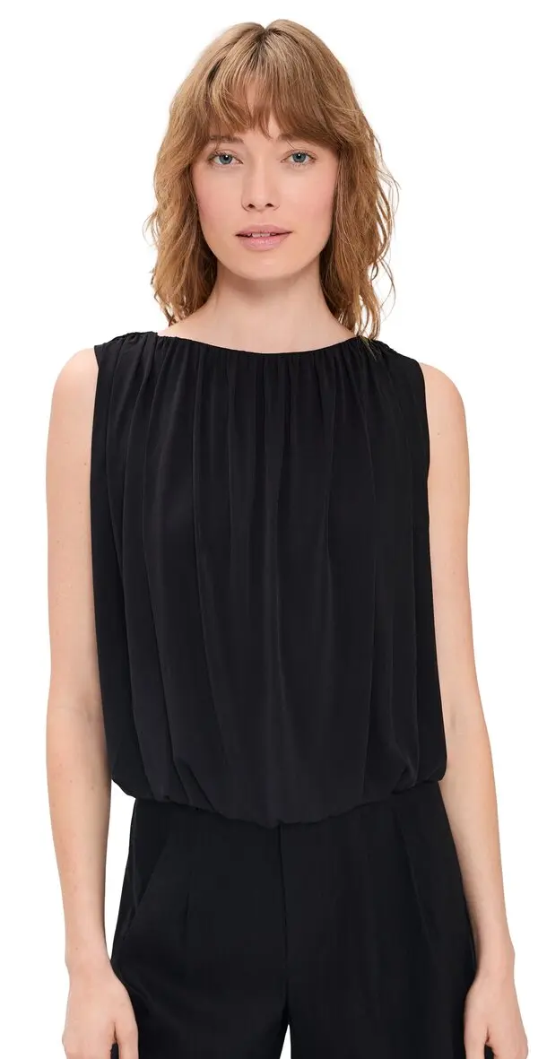 Vince Sleeveless Gathered Boatneck Top - Black