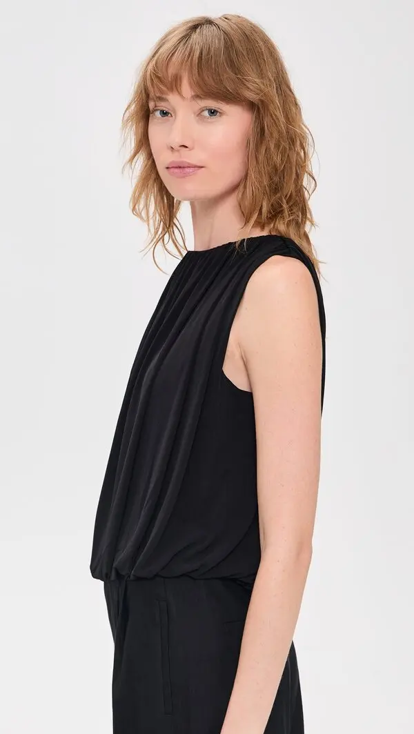 Vince Sleeveless Gathered Boatneck Top - Black