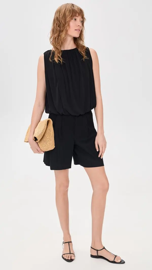 Vince Sleeveless Gathered Boatneck Top - Black