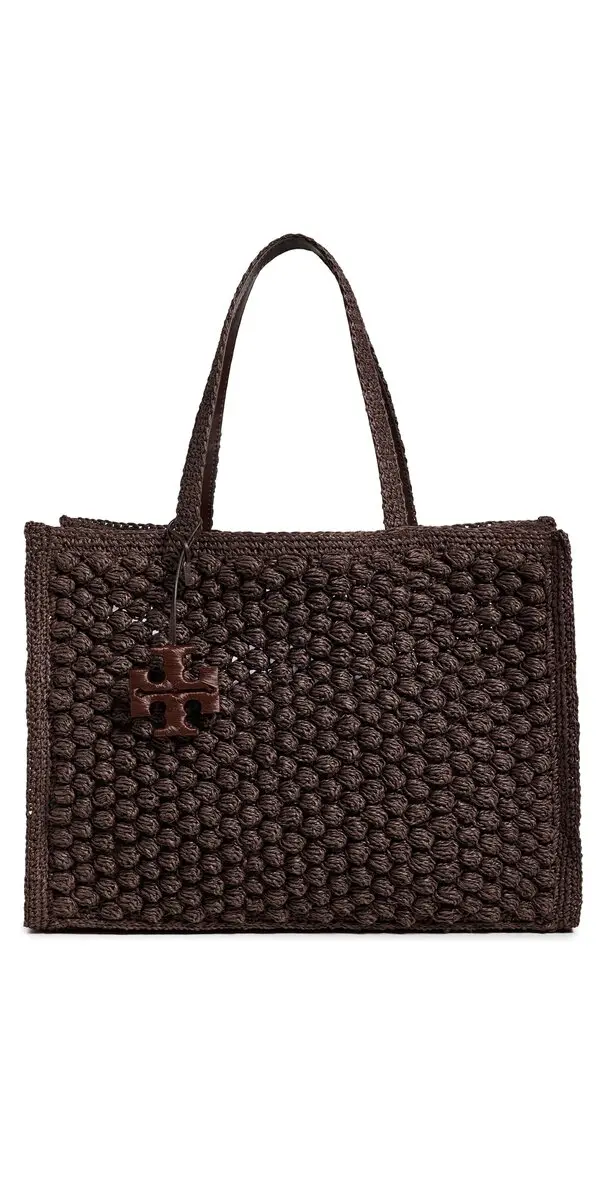 Tory Burch Ella Hand Crochet Popcorn Stitch Large Tote Bag - Dark Cocoa