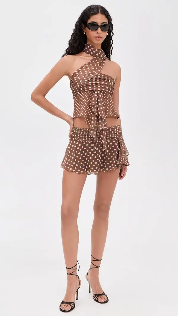 GUIZIO Crinkled Dot Chiffon Miniskirt - Espresso