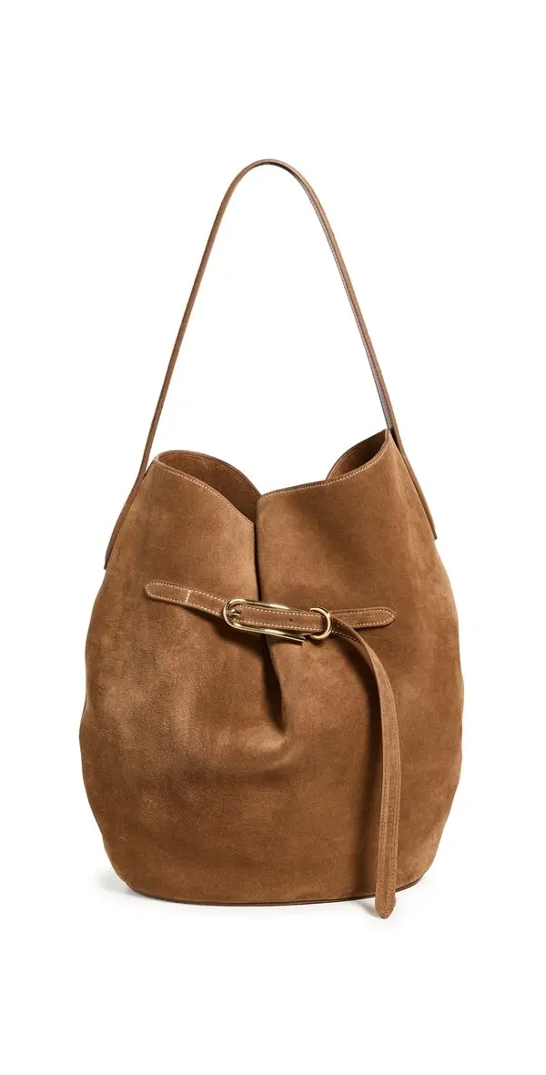 LIFFNER Belted Large Suede Bucket Bag - Saddle Brown Gold Hardware