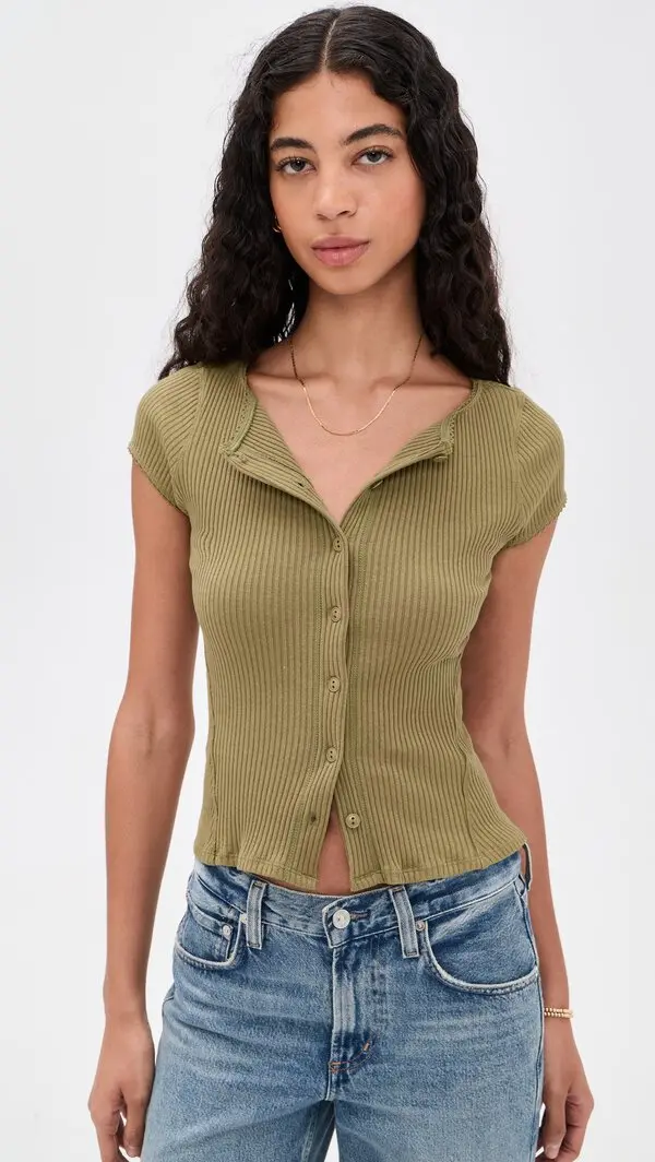 Free People Ribbed Button-down Cardigan - Green