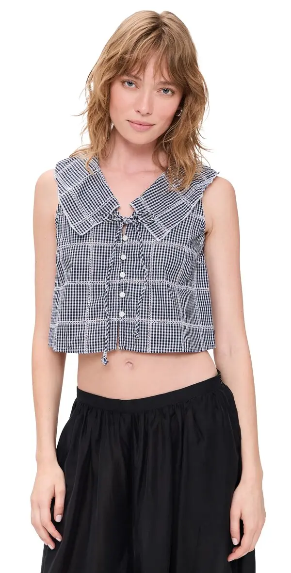 Free People Gingham Sleeveless Top - Navy Combo