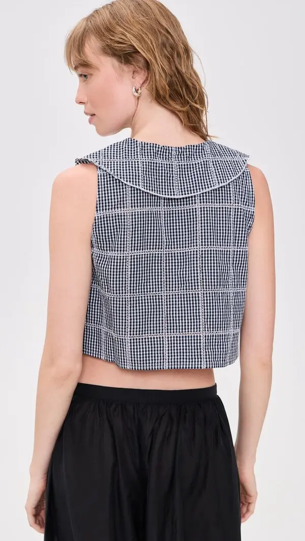 Free People Gingham Check Embroidered Eyelet Top - Navy Combo