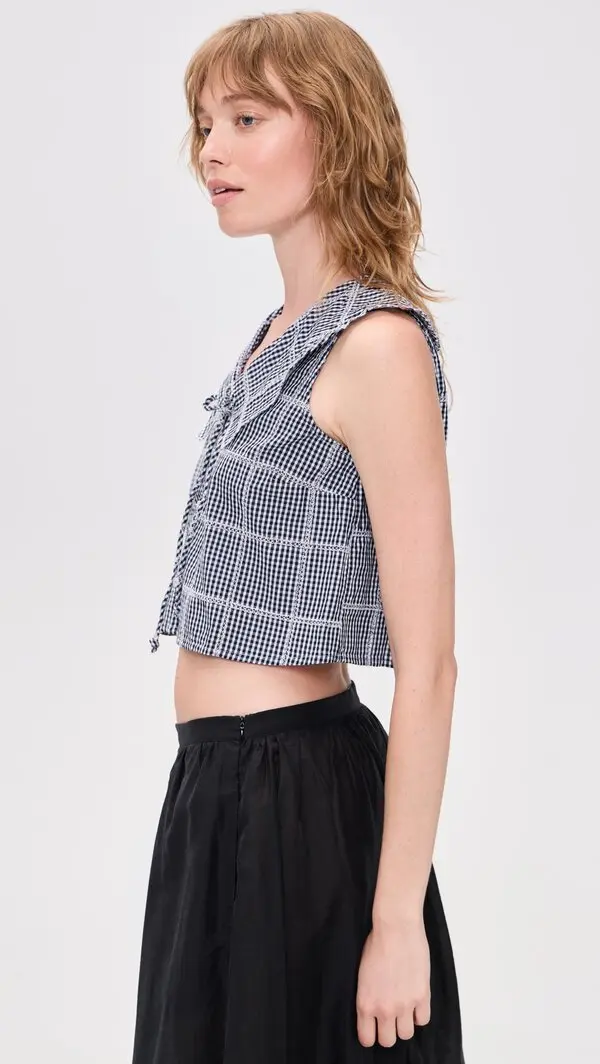 Free People Gingham Check Embroidered Eyelet Top - Navy Combo