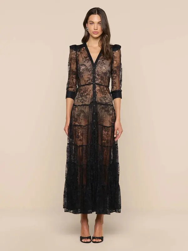 L'Agence Seraphina Lace Tiered Maxi Dress - Black