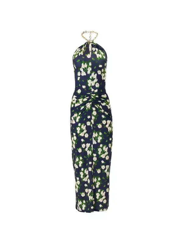 Carolina Herrera Floral-print Jersey Halterneck Dress - Blue