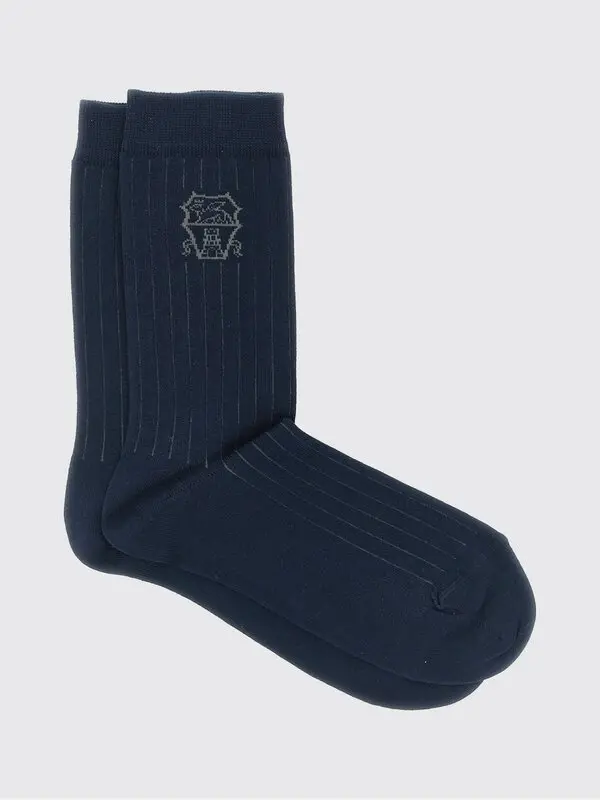 Brunello Cucinelli Ribbed Cotton Socks With Logo - Blue