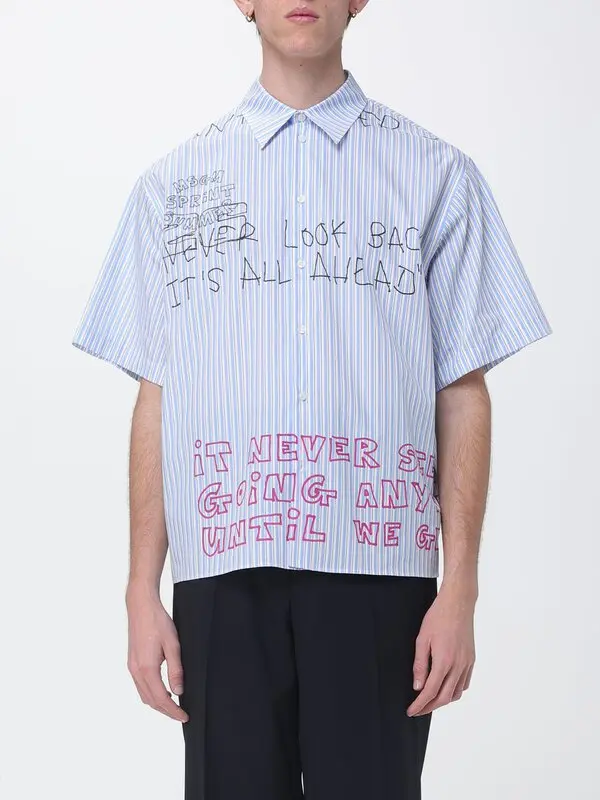 MSGM Striped Short-sleeve Cotton Shirt With Slogan Print And Cutaway Collar