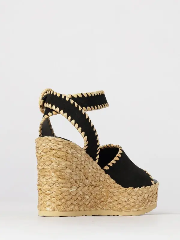 PALOMA BARCELO Paloma Barceló Suede And Raffia Wedge Sandals With Ankle Strap - Black