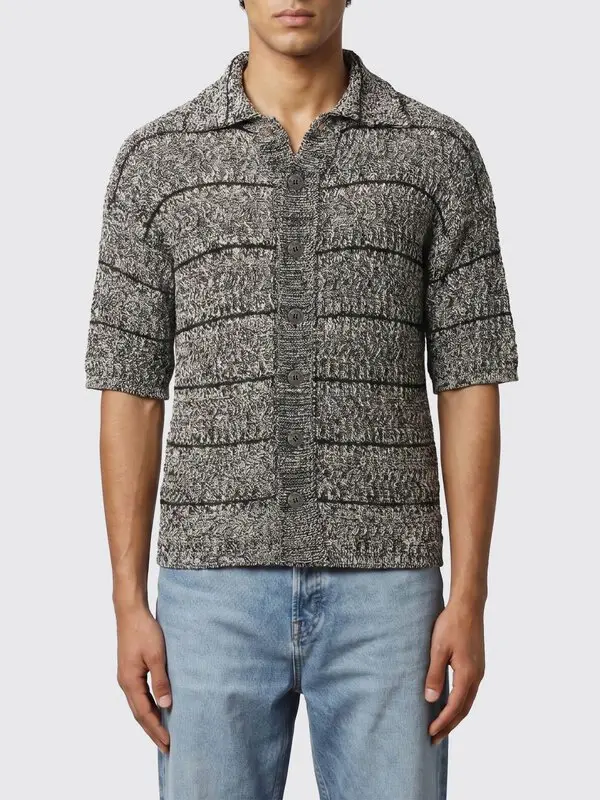 ROBERTO COLLINA Striped Cotton Blend Polo Cardigan - Black