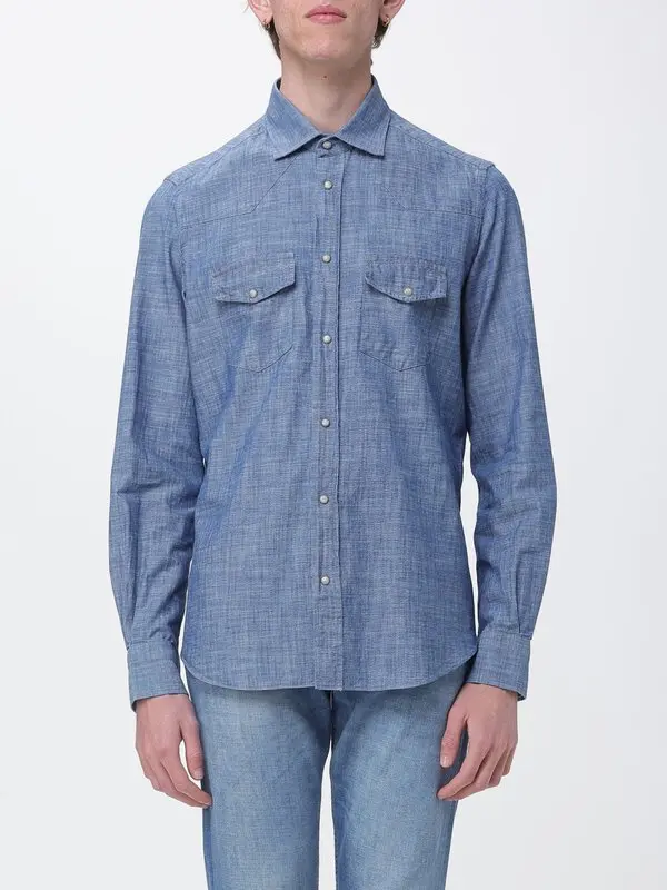 Eleventy Long-sleeve Cotton Casual Shirt With French Collar - Blue
