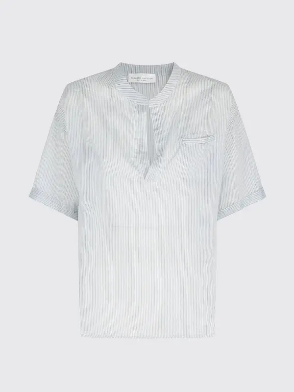 ROBERTO COLLINA Striped Shirt With Band Collar - Ice